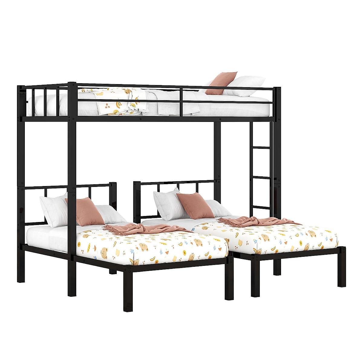 Bellemave Triple Bunk Bed for 3 Metal Twin Over 2 Twin Bunk Bed with Shelf for Kids Boys Girls, Detachable Triple Bunk Bed Can be Divided Into Three Beds, Black