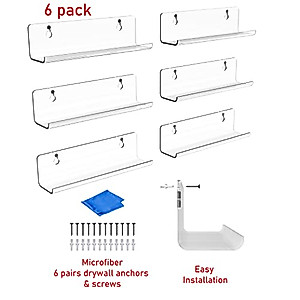INTELLIMADE - Acrylic Vinyl Record Shelf, Wall Mount Album Record Holder, Plexiglass Floating Book Display, Easy Install Acrylic Vinyl Storage Rack for Studio and Homes. 12 inches, 6 - Pack
