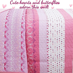 Cozy Line Home Fashions Cute Pink Butterfly Stripe Hearts 100% Cotton Soft Bedding Quilt Set, Coverlet, Bedspread (Twin - 2 Piece)
