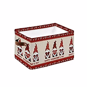 Valentine's Gnomes Storage Basket for Shelves, I Love You Gnomes on Burlap Textured Love Heart Roses Storage Cube Fabric Storage Bins, Closet Organizers with Handles for Book, Toys, 15x11x9.5 Inch