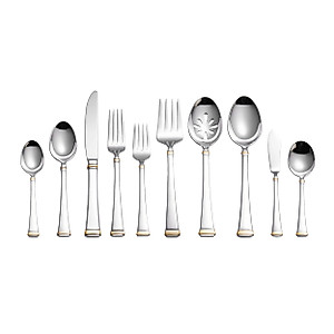 Mikasa Harmony 65-Piece Stainless Steel Flatware Set with Serveware, Service for 12, Gold-Accent