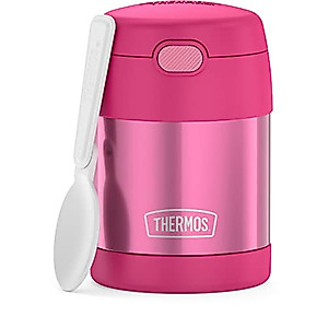 THERMOS Stainless King Vacuum-Insulated Food Jar with Spoon, 16 Ounce, Stainless Steel & FUNTAINER 10 Ounce Stainless Steel Vacuum Insulated Kids Food Jar with Folding Spoon, Pink