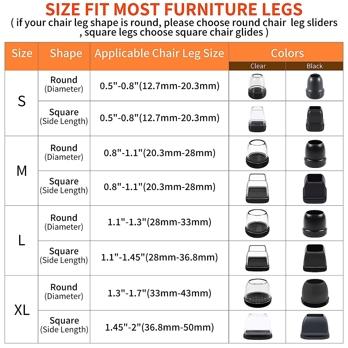 24 PCS Extra Large Clear Chair Leg Sliders for Carpet, Square Chair Glides Carpet, Teflon Furniture Pads, Chair Leg Floor Protectors Caps for Carpet, Table Chair Leg Cups Covers (Fit 1.45" - 2")