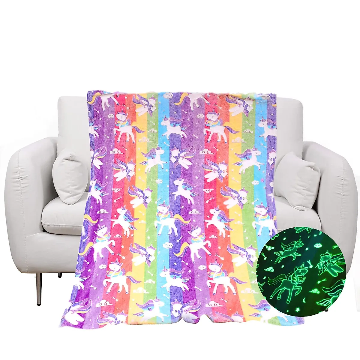 Glow in The Dark Blanket Unicorns Gifts for Girls Birthday Gift Halloween Super Cute Soft Cozy Rainbow Unicorn Star Flannel Luminous Magic Throw Thanksgiving Decor 50"x60"