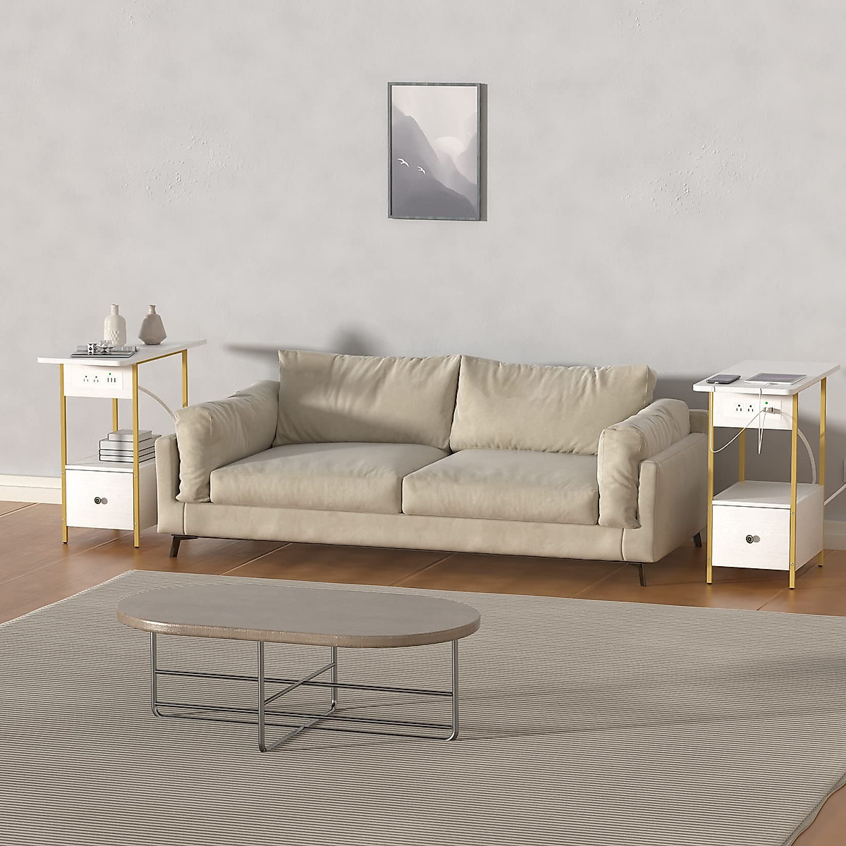 Yenlure Side Table Night Stands End Table with Charging Station Drawers Small Nightstand Bedroom Narrow Nightstand for Small Spaces Nightstand White