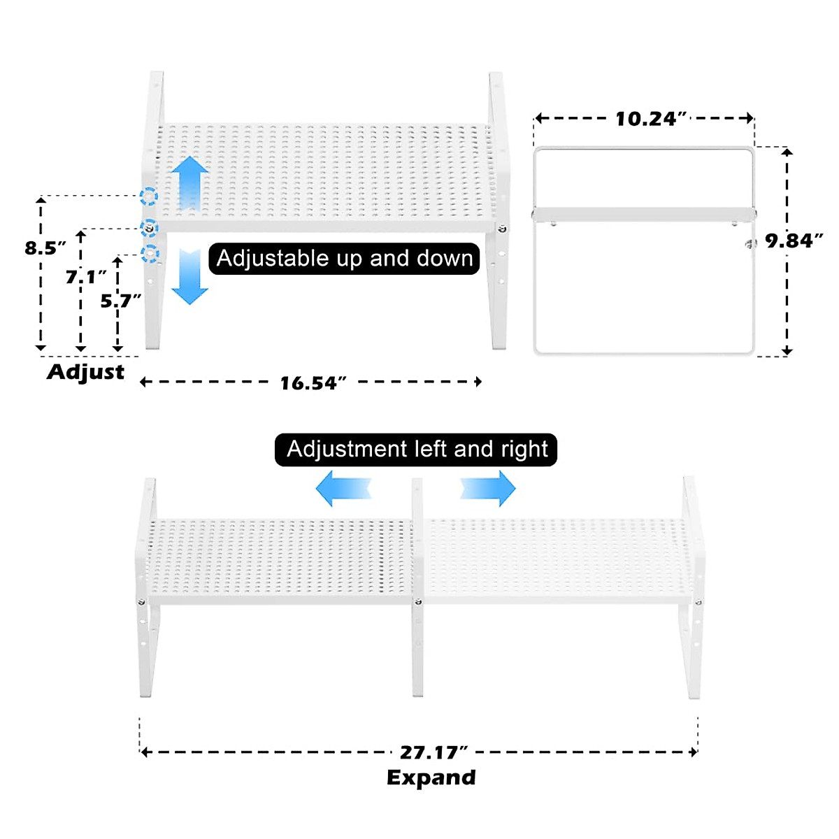 MIYUPTC Expandable Counter Organizer Shelf (16.5'' to 27.2''), Countertop Organizer Kitchen Bathroom Pantry Cupboard Home Office for Cups, Dishes, Plates -White