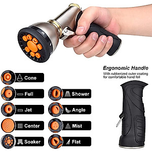 HouGariee Hose Nozzles 9 Adjustable Patterns Hose Spray Nozzle Heavy Duty Metal Hose Nozzle Spray Slip Resistant Water Sprayer for Cleaning/Watering Lawn Garden/Pets Shower/Car Washing, silvery-4