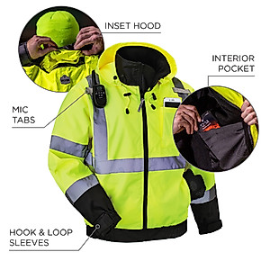 High Visibility Reflective Winter Bomber Jacket, Zip Out Fleece Liner, ANSI Compliant, Ergodyne GloWear 8379, Lime, Large
