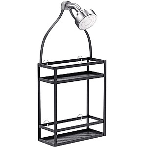 Meangood Shower Caddy Organizer,Mounting Over Shower Head Or Door,Extra Wide Space for Shampoo, Conditioner, and Soap with Hooks for Razorsand More,10.5" x 4.5" x 22.4", Mental Black