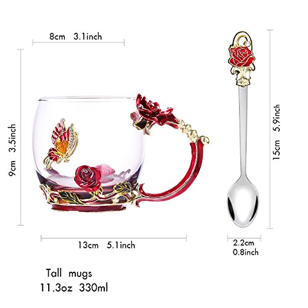 Kpcuisite Birthday Gifts for Women and Mother's Day Gifts for Mom - Glass Tea Cup and Coffee Mug Set with Spoon - Beautiful Flower Butterfly Rose Mug