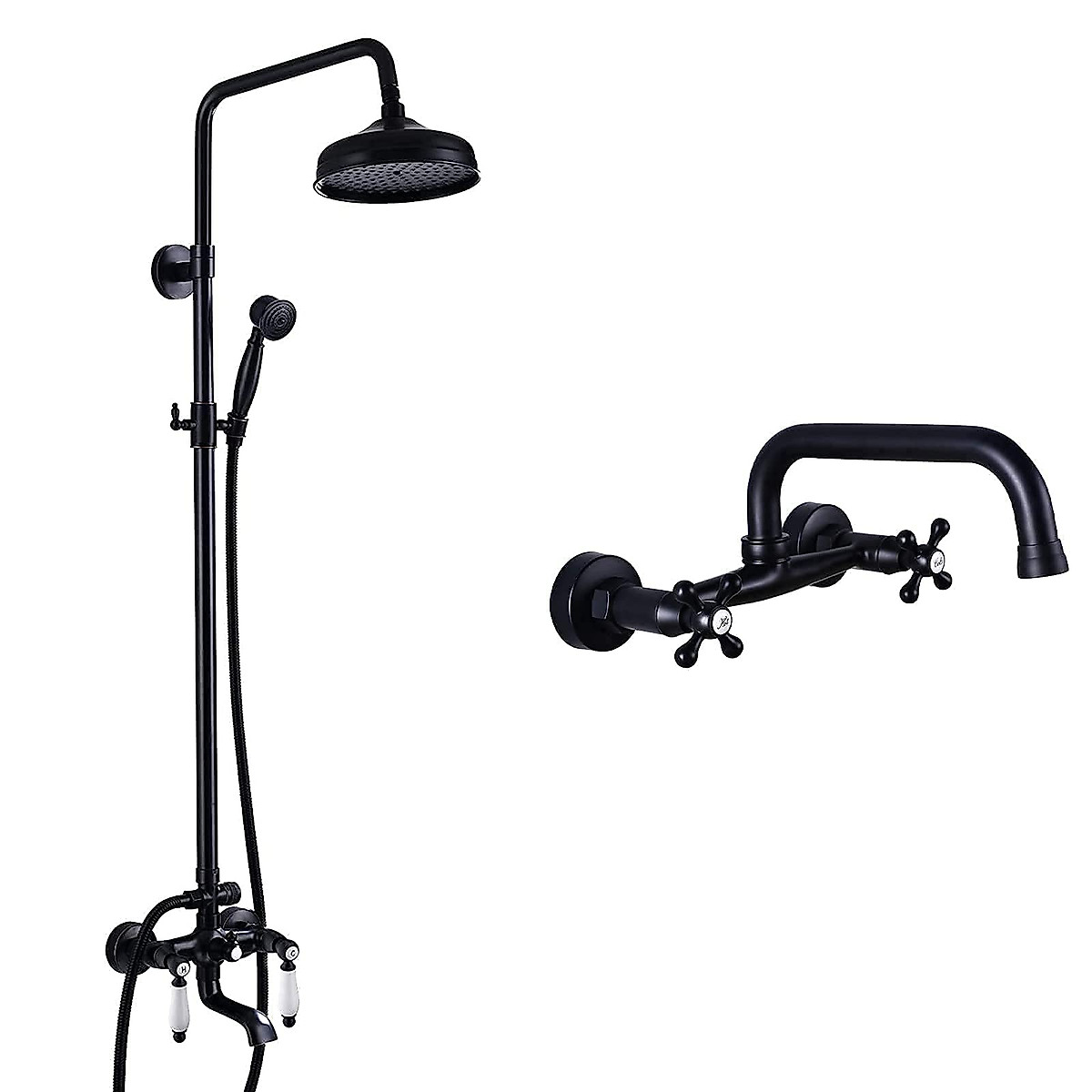 Oil Rubbed Bronze 8’’ Shower Faucet 2 Lever Handle Bathtub Spout 3 Function Bathroom Wall Mount Kitchen Faucet 8’’ Center 9’’ Spout Reach 2 Cross Handle Victorian Kitchen Sink Faucets