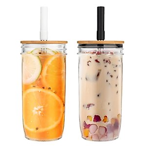 Luxfuel 24oz Wide Mouth Mason Jar Drinking Glasses with Bamboo Lids and Straws,2 Pack Reusable Glass Boba Tea Cup for Smoothie,Iced Coffee,Water,Juice, Pearl Milkshake,Dishwasher Safe, BPA Free