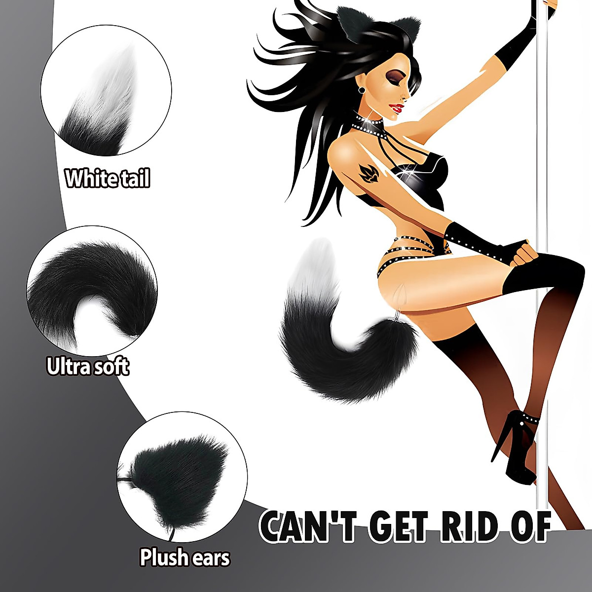 Stainless Steel Anal Butt Plug with Faux Silver Fox Tail and Ear-Anal Stopper Tail Sex Toy for SM Adult Games or Cosplay