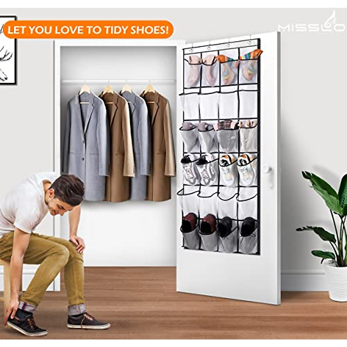 MISSLO Over Door Shoe Organizer with Deep Pockets and 24 Large Mesh Pockets White