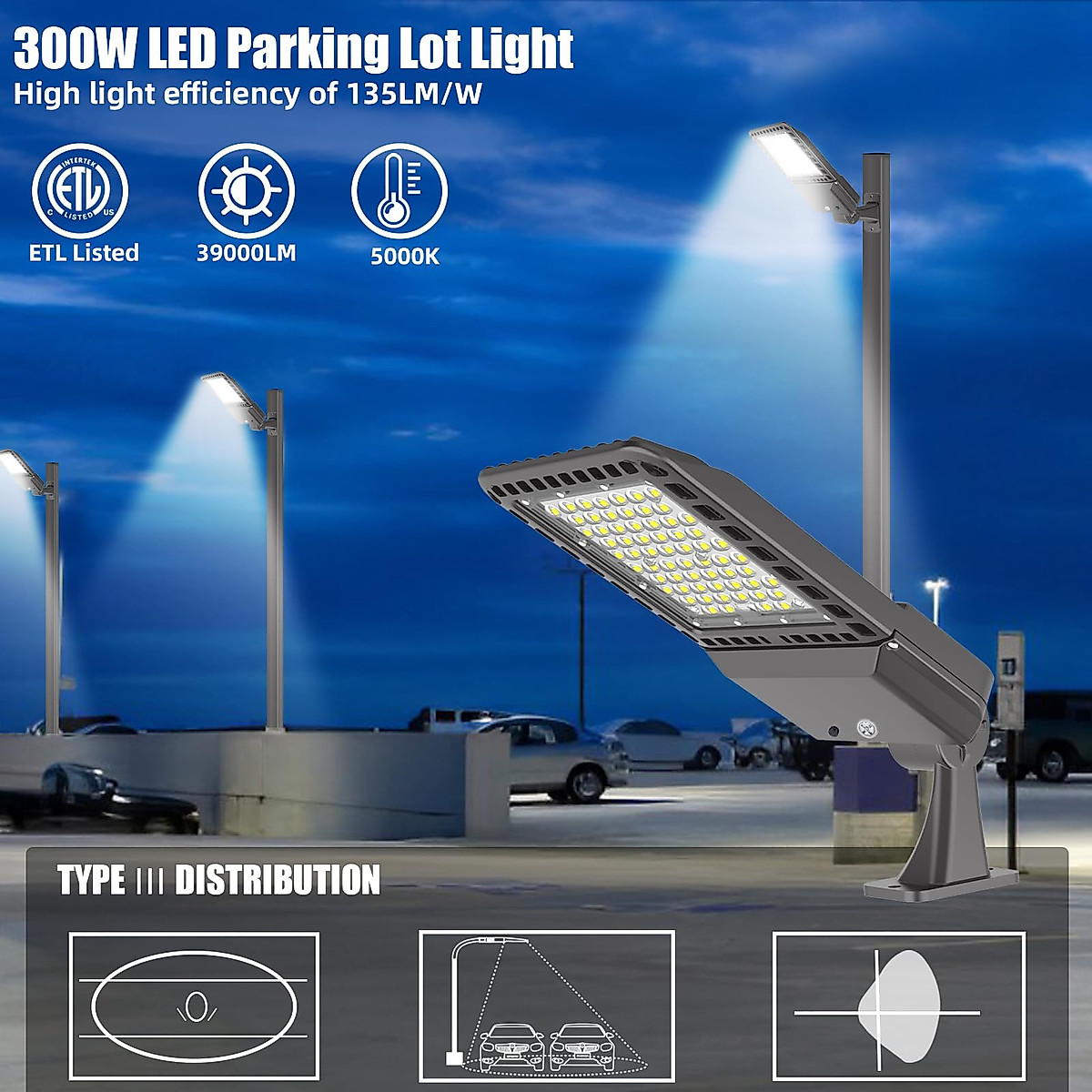 SEURON 4Pack 300W LED Parking Lot Lights with Adjustable Arm Mount, 39000LM Dusk to Dawn Photocell 5000K LED Outdoor Commercial Area Lighting, 100-277V IP65 Shoebox Light for Yard Roadway, ETL Listed