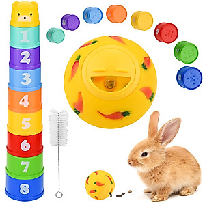 Stacking Cups for Rabbits and Treat Ball, 11 Pack Boredom Breaker Bunny Toys, Rainbow Colors Cups and Adjustable Opening Ball with Cleaning Brush Kit UIInosoo for Rabbits and Other Small Animals Pets