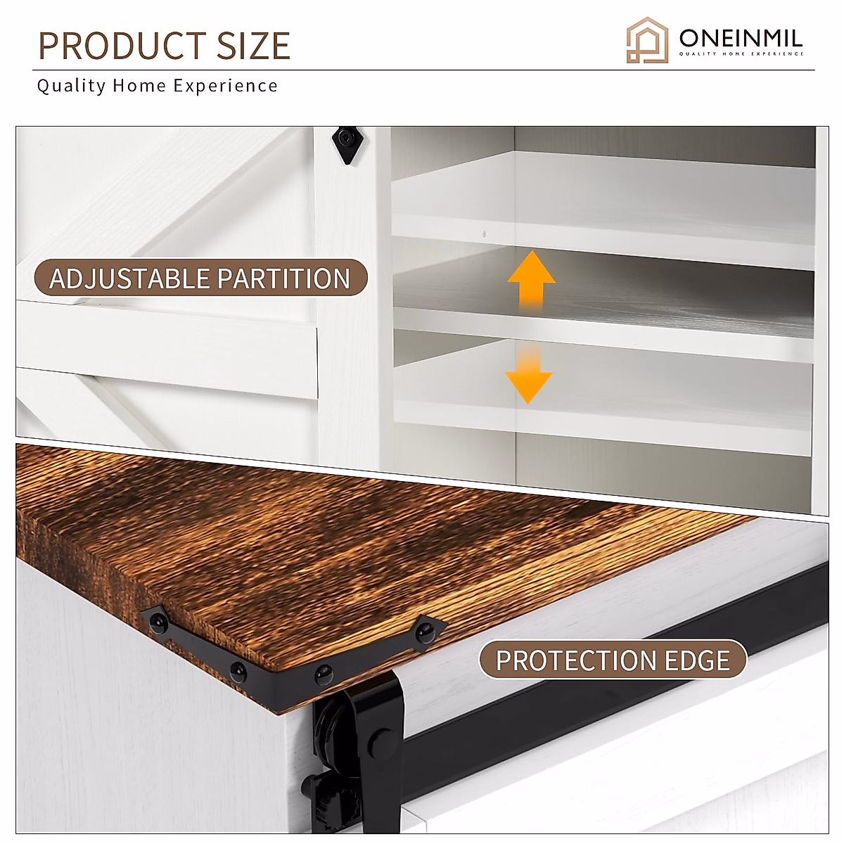 oneinmil 58 Inch Farmhouse TV Stand, Modern Rustic Entertainment Center with Sliding Barn Door and Storage Cabinets, Metal Media TV Console with Shelf for TVs up to 65 Inch in Living Room, White