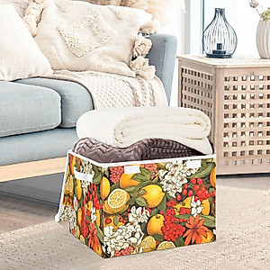senya Baskets Collapsible Storage Bins with Lids, Retro Lemon White Flower Storage Boxes Clothes Baskets for Organizing, B06D22020