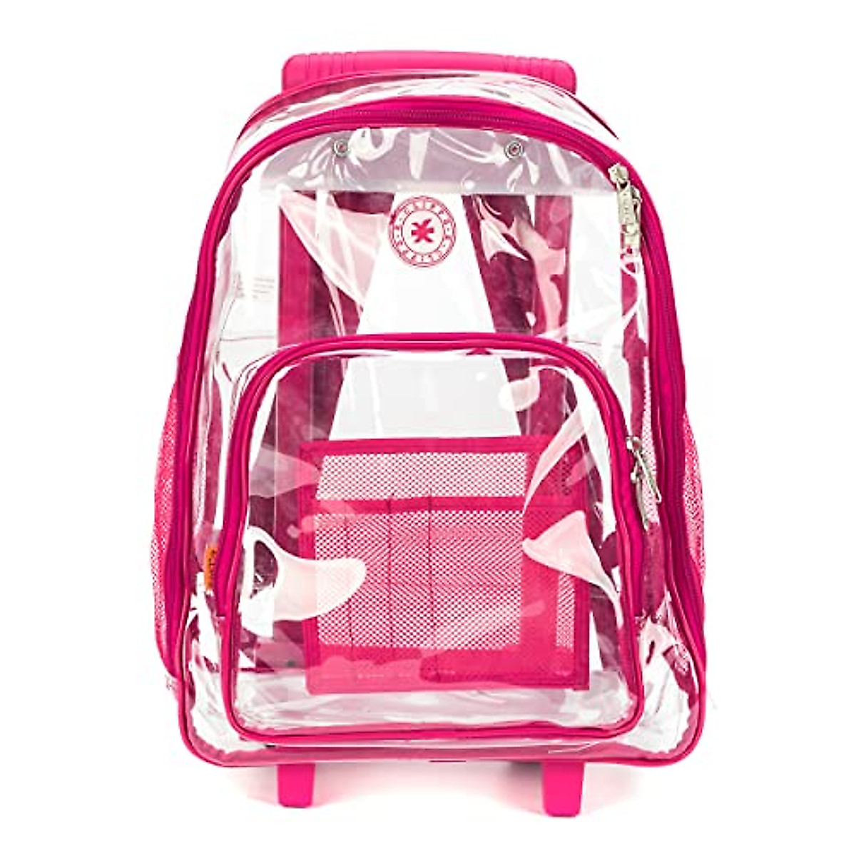 iHim Rolling Clear Backpack Heavy Duty Bookbag Quality See Through Workbag Travel Daypack Transparent School Book Bags with Wheels Hot Pink