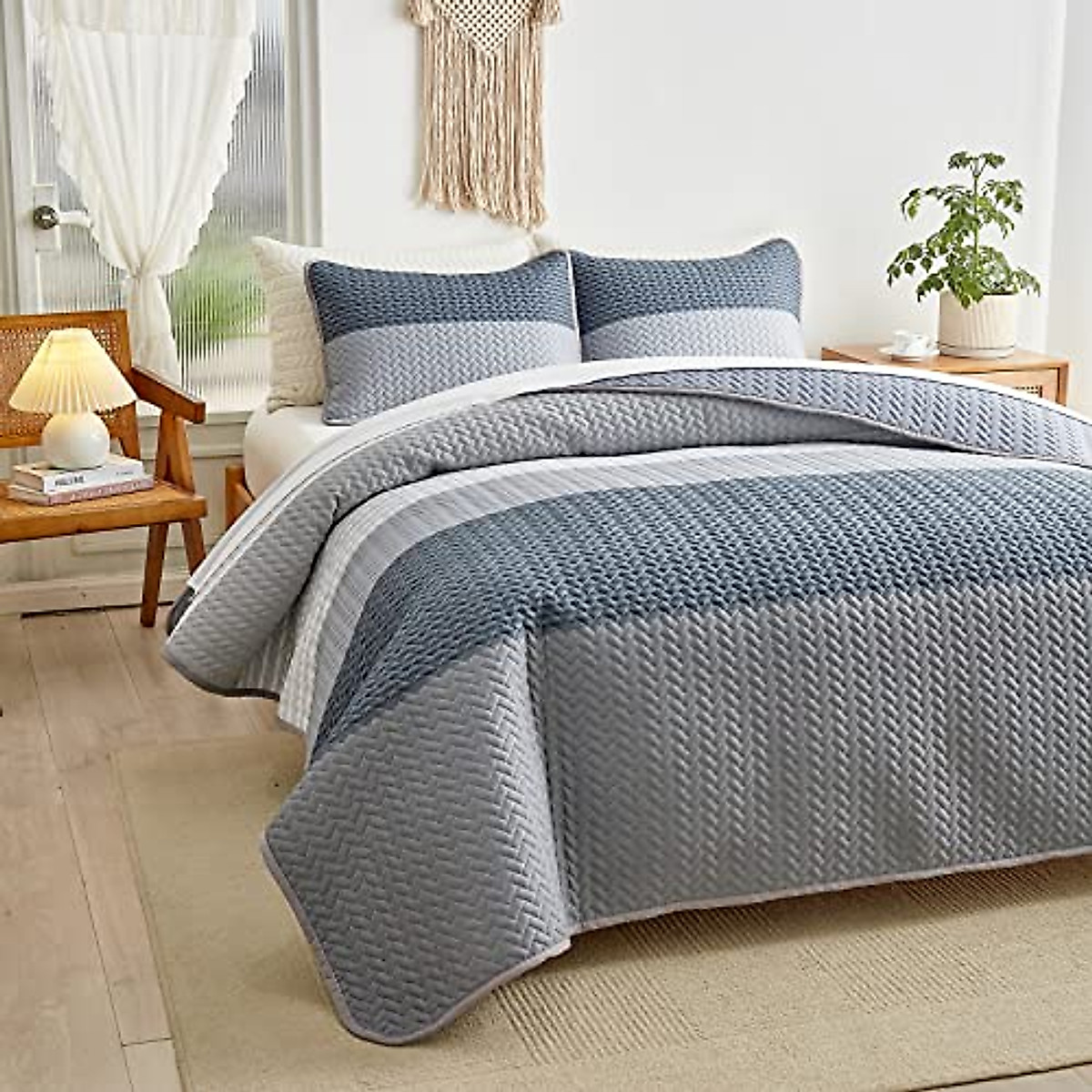 Striped Cotton Quilt Set King Size with White Gray Stripes Soft Cotton Reversible 3pc Quilt Bedding Set, Coverlet, Bedspread with 2 Pillow Shams