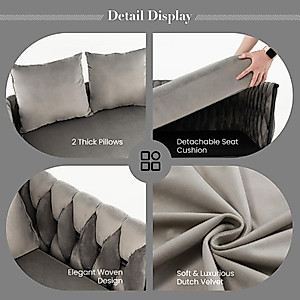 KOMFOTT 43” Loveseat Sofa, Modern Upholstered 2-Seat Sofa with 2 Back Pillows, Woven Backrest & Armrest, Mid Century Modern Dutch Velvet Sofa for Living Room Bedroom Apartment (Gray)