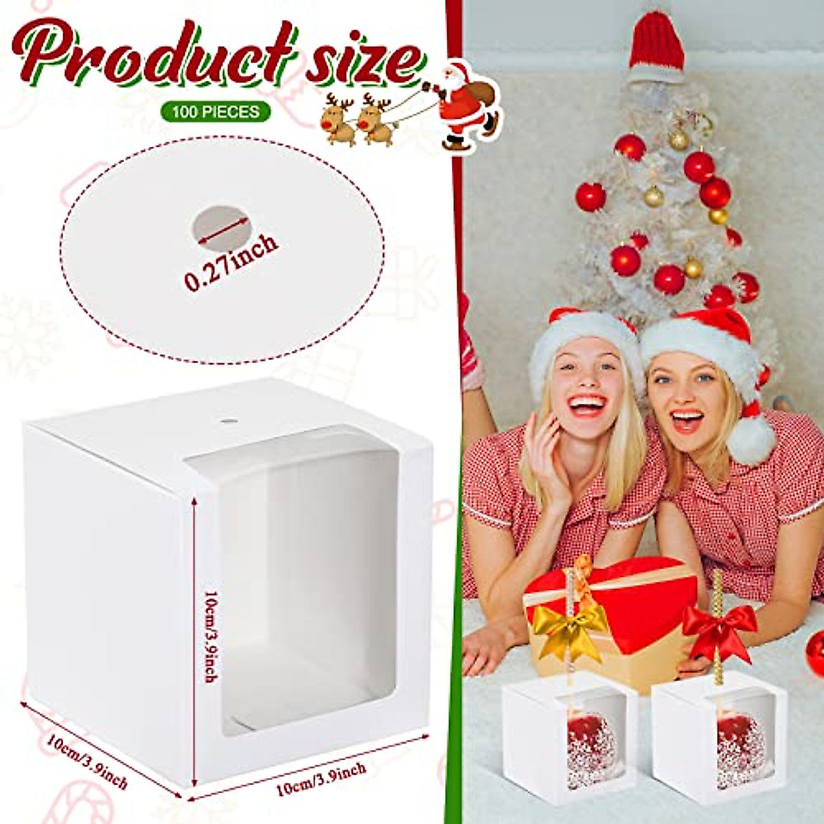 100 Pcs Candy Apple Boxes with Hole Caramel Apple Boxes 4 x 4 x 4 Inch Apple Gift Box Cookies Chocolate Apple Container with Clear Window for Harvest Autumn Party Wedding Baby Shower (White)