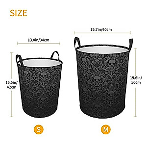 Waterproof Black Goth Gothic Skull Damask Pattern Circular Hamper Round Laundry Baskets Foldable Laundry Bags For Family/Kids/Bathroom/Bedroom/Dorm Medium