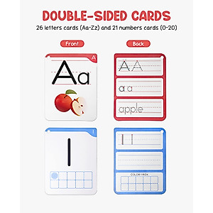 Gamenote Dry Erase Alphabet and Number Flash Cards - Write and Wipe Laminated ABC Letter Tracing Practice Card for Kindergarten (47 Flashcards with 2 Rings and Marker)