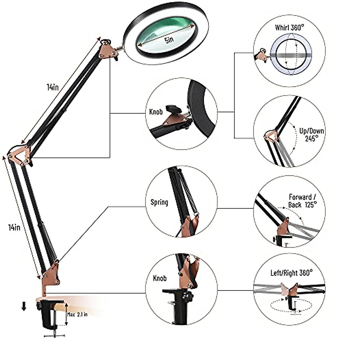 LANCOSC Magnifying Glass with Light and Stand, 5X 5 Inches Real Glass Lens, 3 Color Modes Stepless Dimmable LED Desk Lamp, Adjustable Arm Lighted Magnifier Light for Reading Repair Crafts - Black Gold