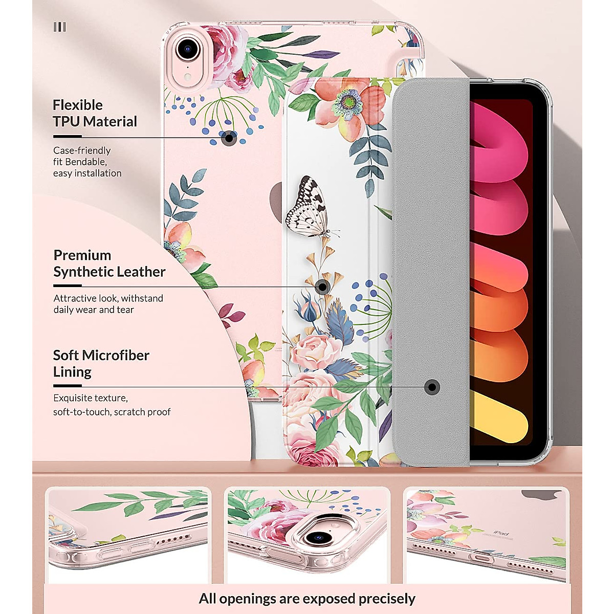 MoKo Case Fit New iPad Mini 6 2021 (6th Generation 8.3 inch), Soft TPU Translucent Frosted Back Cover Slim Smart Shell Stand Folio Case for iPad Mini, Auto Wake/Sleep, Fragrant Flowers