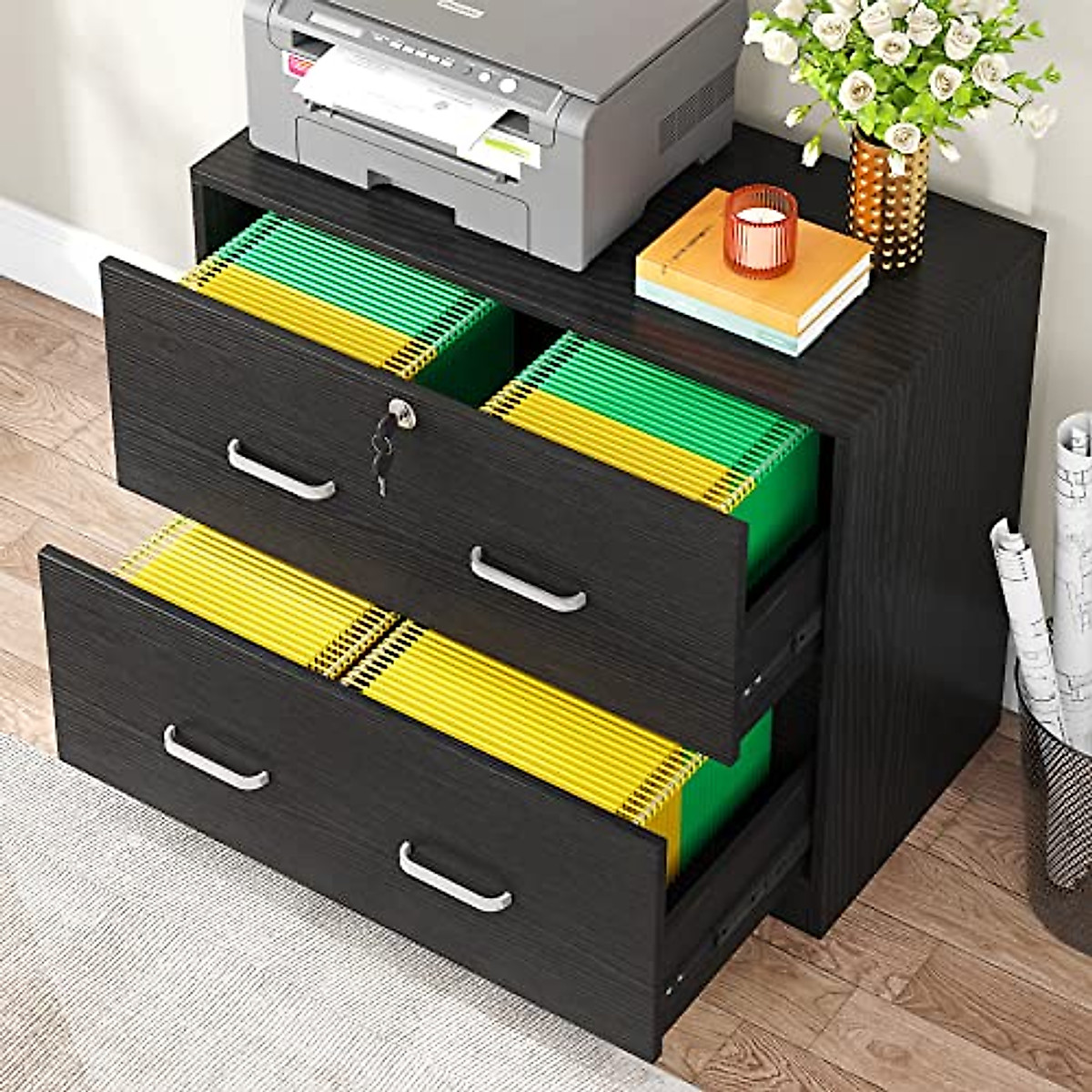 LITTLE TREE Lateral File Cabinet with 2 Drawers, 31.5 Inches Large Filing Cabinet for Hanging Letter/Legal/F4/A4 Size Files with Lock, Home Office, Black