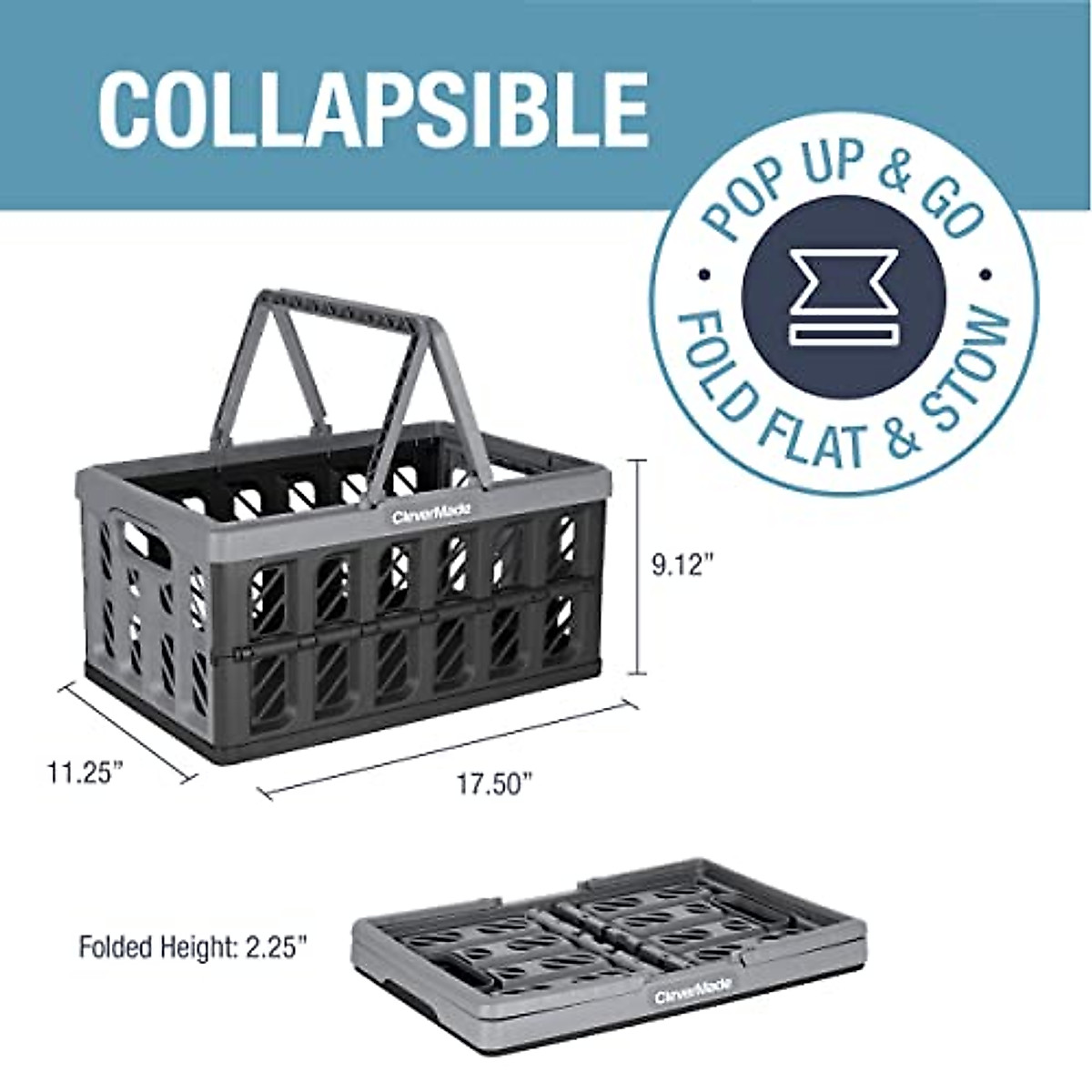 CleverMade Eco 24L Collapsible Reusable Plastic Grocery Shopping Baskets; Small Foldable Storage Crates with Handles, 3 Pack, Stone