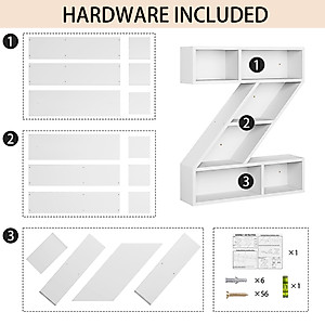 Beskadi White Wooden Letter Z Shelf - Floating Kids Bookshelf Wall Mounted, Z Letter Floating Shelves for Kids Room, Rectangle Bookcase for Wall Storage, Modern Display Shelves for Living Room,Bedroom