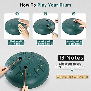 EASTROCK Steel Tongue Drum 13 Notes 12 Inches Percussion Instrument Handpan Drum C Key for Meditation Entertainment Concert Yoga with Travel Bag, Mallets, Music Book (Green)