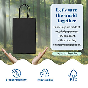 GSSUSA 100Pcs Black Paper Bags, 5.25x3.75x8 Small Gift Bags, Paper Bags with Handles Bulk, Bags for Small Business, Sturdy Kraft Paper Bags, Retail Shopping Bags, Party Favor Bags, Birthday Gift Bags