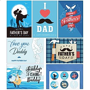 Whaline 24 Pack Father's Day Greeting Cards Happy Father's Day Note Cards with Blue Envelopes & Stickers I Love Dad Gift Blank Cards for Father's Day Birthday Party Supplies, 4 x 6 Inch, 6 Design