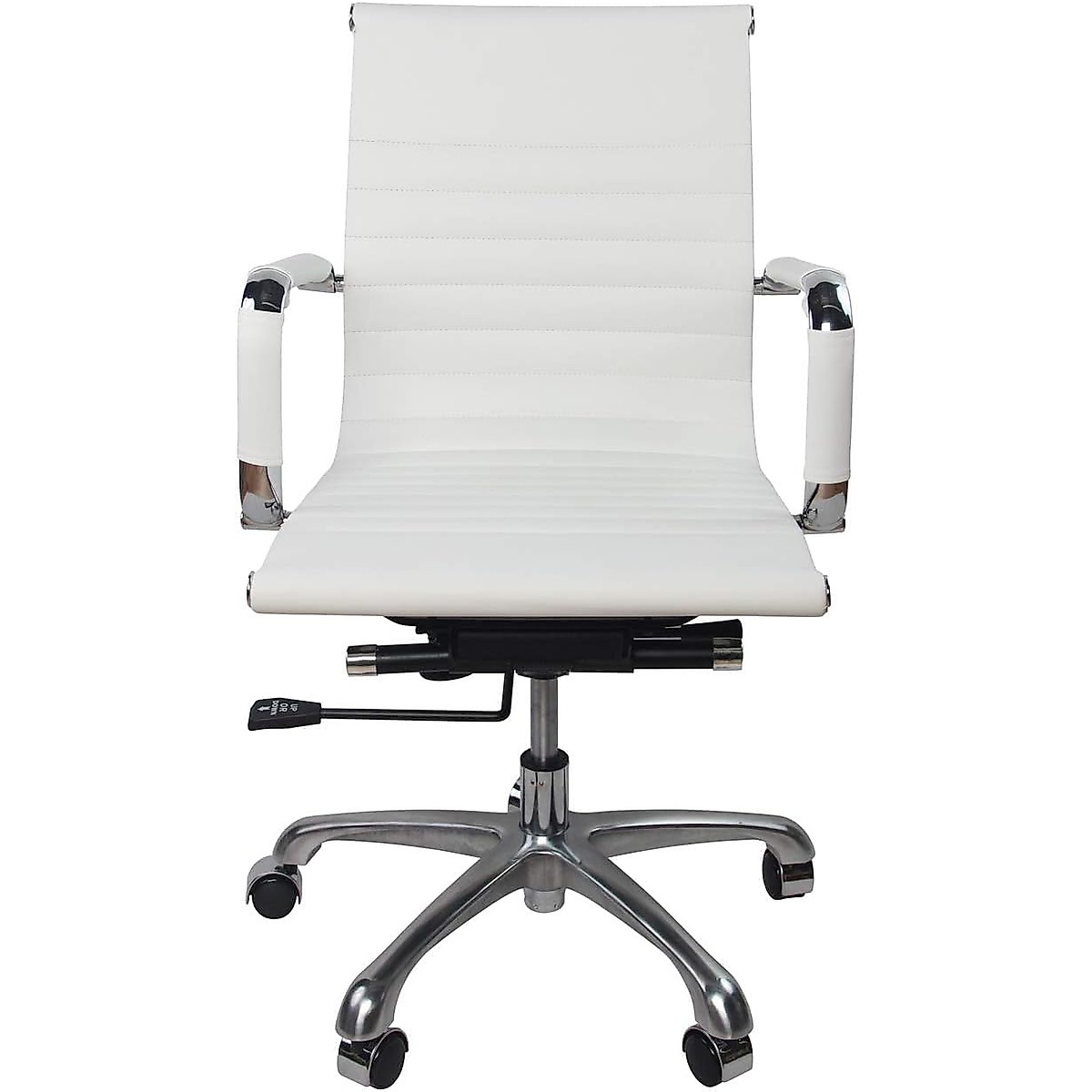 Fohfurniture White PU Leather Ergonomic Executive Office Desk Tark Chair, Mid Back Leather Height Adjustable Swivel Ribbed Chairs Conference Task Chair(Mid-Back, White)