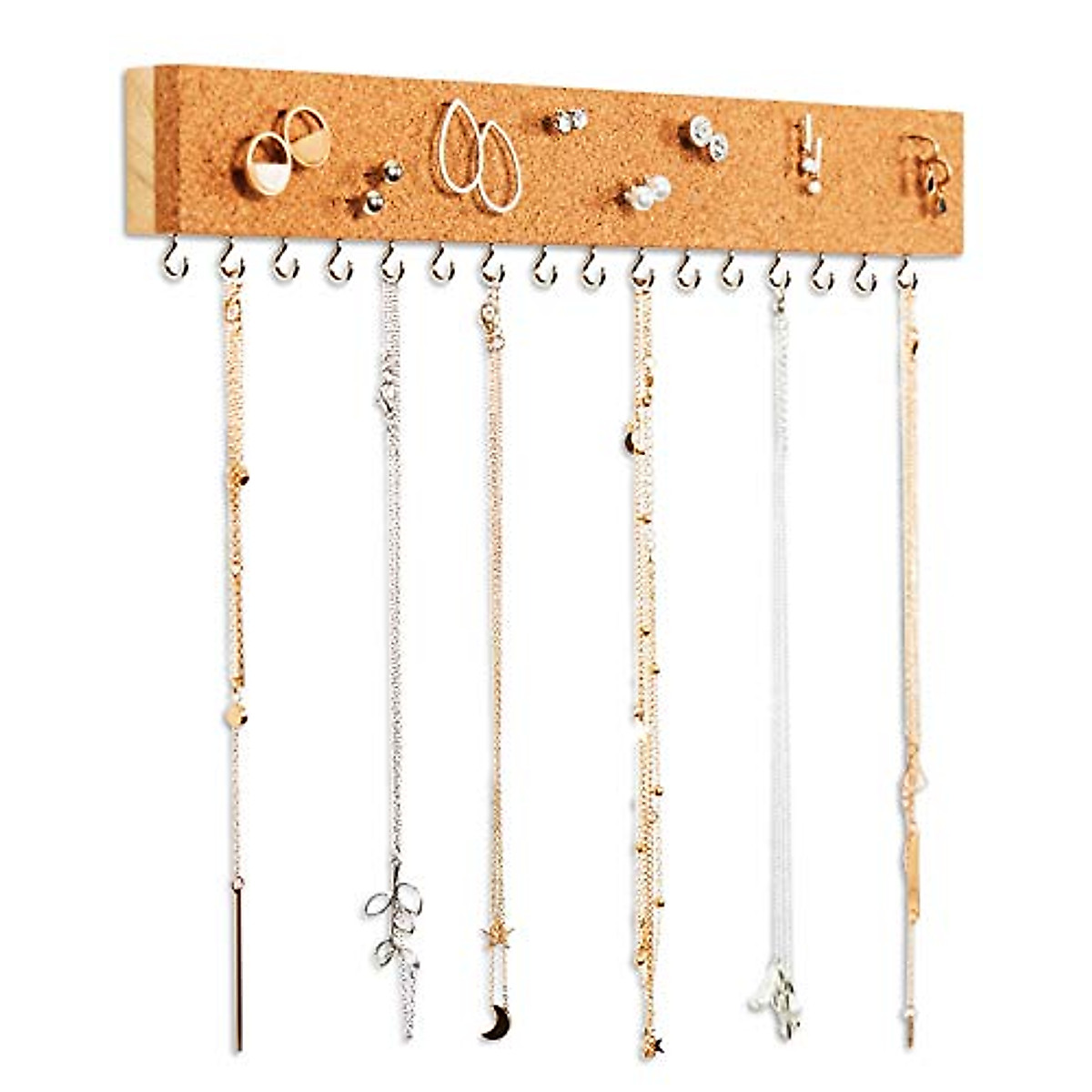 Stud Earring Organizer Hanging Holder with Cork Board - Wall Mount Jewelry Organizers - Necklace Display Rack - Mounted Cork Jewelry Display - Storage Hanger for Necklaces and Stud Earrings
