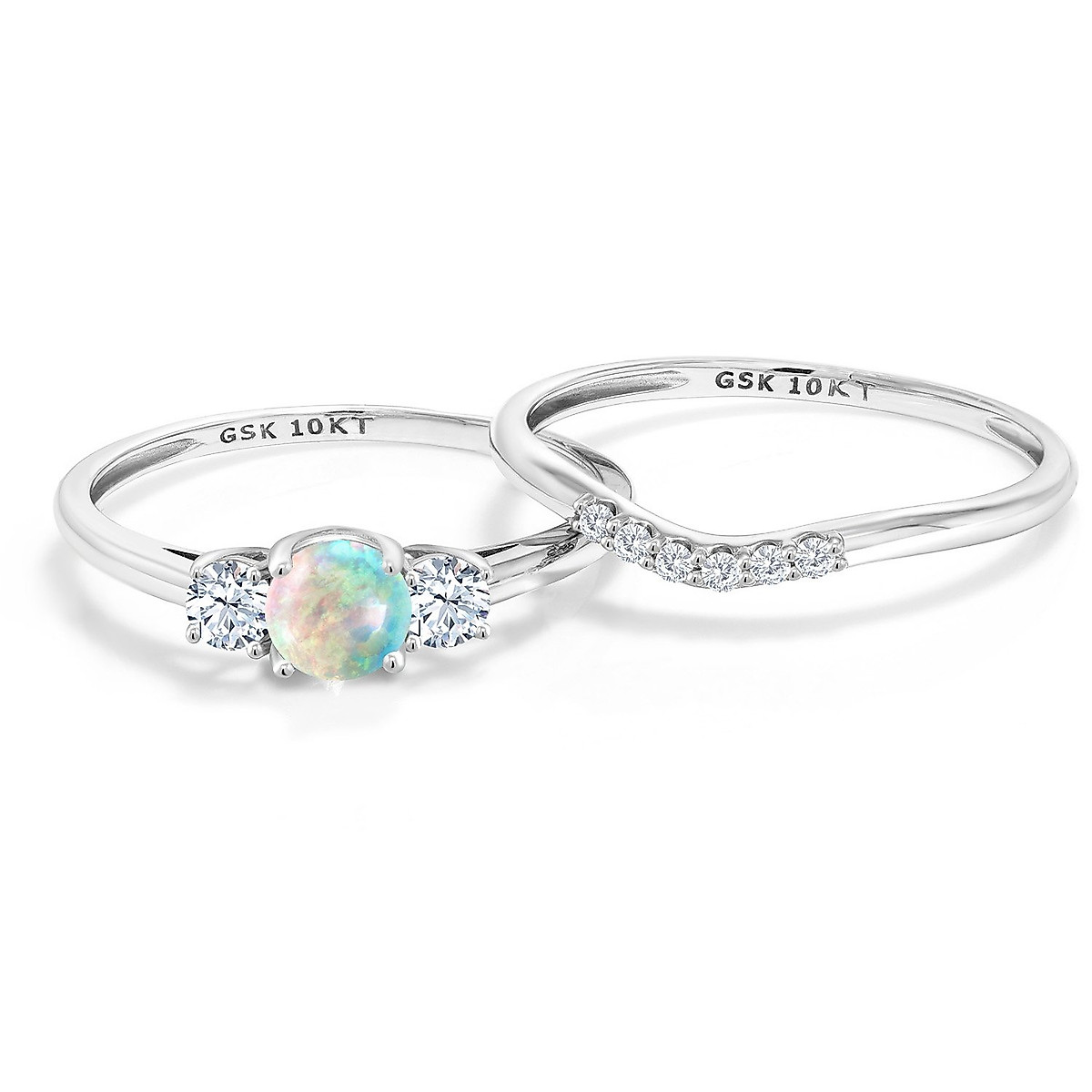 10K White Gold Simulated White Opal and White Created Sapphire and Lab Grown Diamond 3-Stone Bridal Engagement Wedding Ring Set For Women (0.83 Cttw, October Birthstone, Round Cabochon 5MM, Size 7)