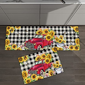 Teamery Kitchen Mats for Floor, Red Truck with Farm Sunflower Black Buffalo Plaid Kitchen Rugs, Kitchen Organization Anti-Fatigue Kitchen Mat, Kitchen Decor Runner Rug Room Decor Standing Desk Mats