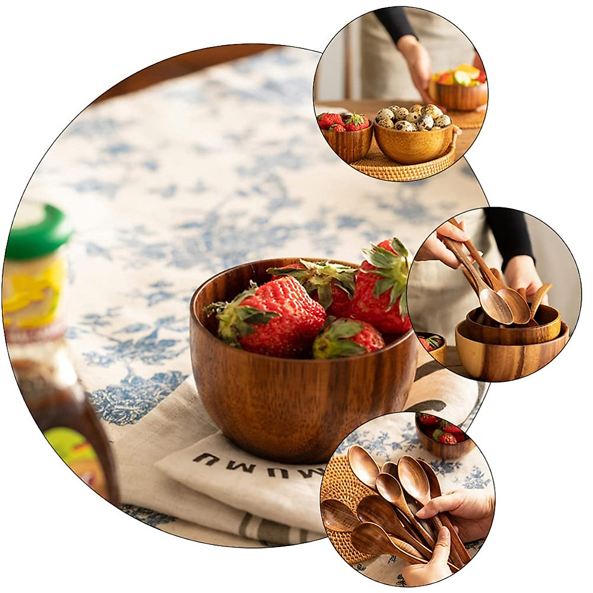 Cabilock 1 Set Acacia Wood Rice Bowl Spoon Kit Fruits Bowl Decorative Wood Bowl Snacks Serving Bowl Noodle Bowl for Salad Fruits Pasta Nuts Snacks (Small)