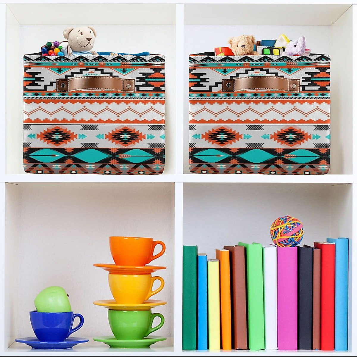Ethnic Aztec Print Storage Basket Native American Storage Bin Collapsible Retro Tribal Navajo Large Storage Baskets with Leather Handles Storage Cube Box Organizer for Closet Toys Clothes Basket,1PC
