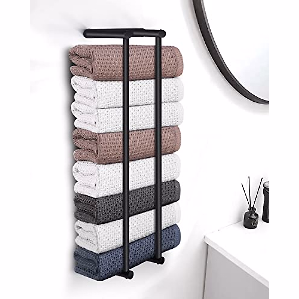 LIVEHITOP Bathroom Wall Towel Rack for Rolled Towels, Stainless Steel Bath Towel Holder, Mounted Folded Metal Towel Storage for Washcloths, Black