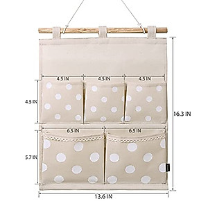 Homecube Linen Cotton Fabric Wall Door Cloth Hanging Storage Bag Case 5 Pocket Home Organizer (White Polka Dots)