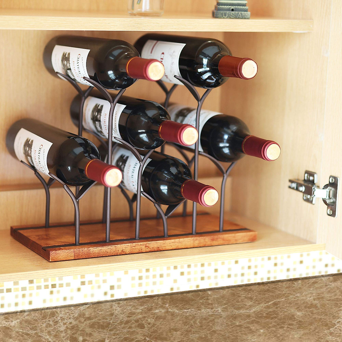 ALLCENER Countertop Bottle Rack, Tabletop Wood Bottle Holder, Hold 6 Bottles, Perfect for Home Decor & Kitchen Storage Rack, Bar, Cellar, Cabinet, Pantry, etc, Wood & Metal (Bronze)