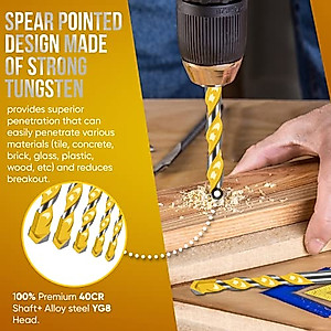 Baker and Bolt Masonry Drill Bit Set, 5 Pcs Concrete Drill Bit Set, for Ceramic Tile Brick Wood Plastic Cement. Impact Ready. Tungsten Carbide Tips 5.12'' Long, Sizes 3/16, 1/4, 5/16, 3/8, 1/2.