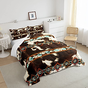 Erosebridal Cowhide Quilt Brown Highland Cow Print Queen Comforter Set,Western Bedding Set Exotic Aztec Duvet Insert,Farmhouse Wild Animals Longhorn Skin Room Decor Cowboys Gifts for Men