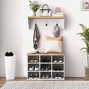 HOMCOM 2-in-1 Coat Rack Shoe Bench Set, 5-Hook Hall Tree with Bench and Shoe Storage for 9 Pairs of Shoes for Entryway, Hallway, White