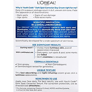 Dark Spot Corrector Face Moisturizer with SPF 30 for Even Skin Tone by L’Oreal Paris, Youth Code Anti-Aging Day Cream, Non-greasy, 1.7 oz.