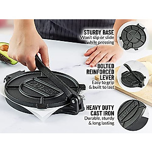 Zulay Cast Iron Tortilla Press 8 Inch - Pre Seasoned with 100 Pieces Parchment Paper - Heavy Duty Roti Maker and Flour Tortilla Press for Quesadilla, Naan, Chapati, Samosa, Poori, Saj Bread, Lahmacun
